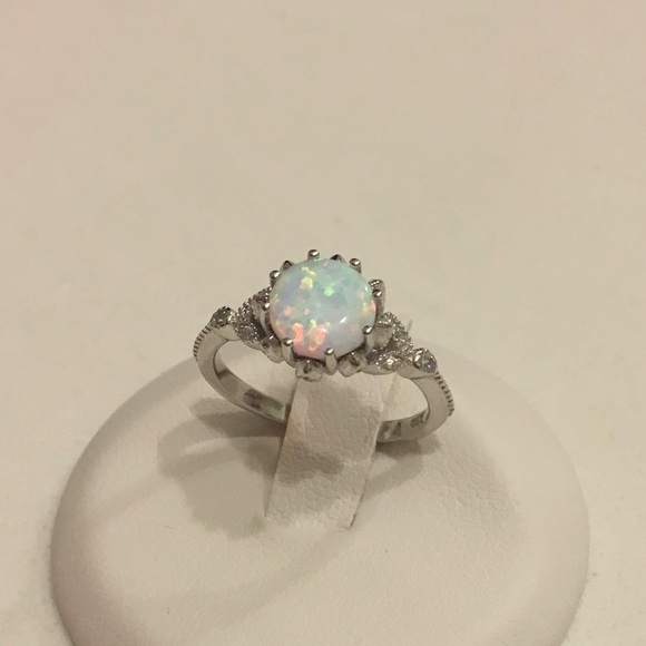 Jewelry | Sterling Silver White Lab Opal Ring With Cz | Poshmark